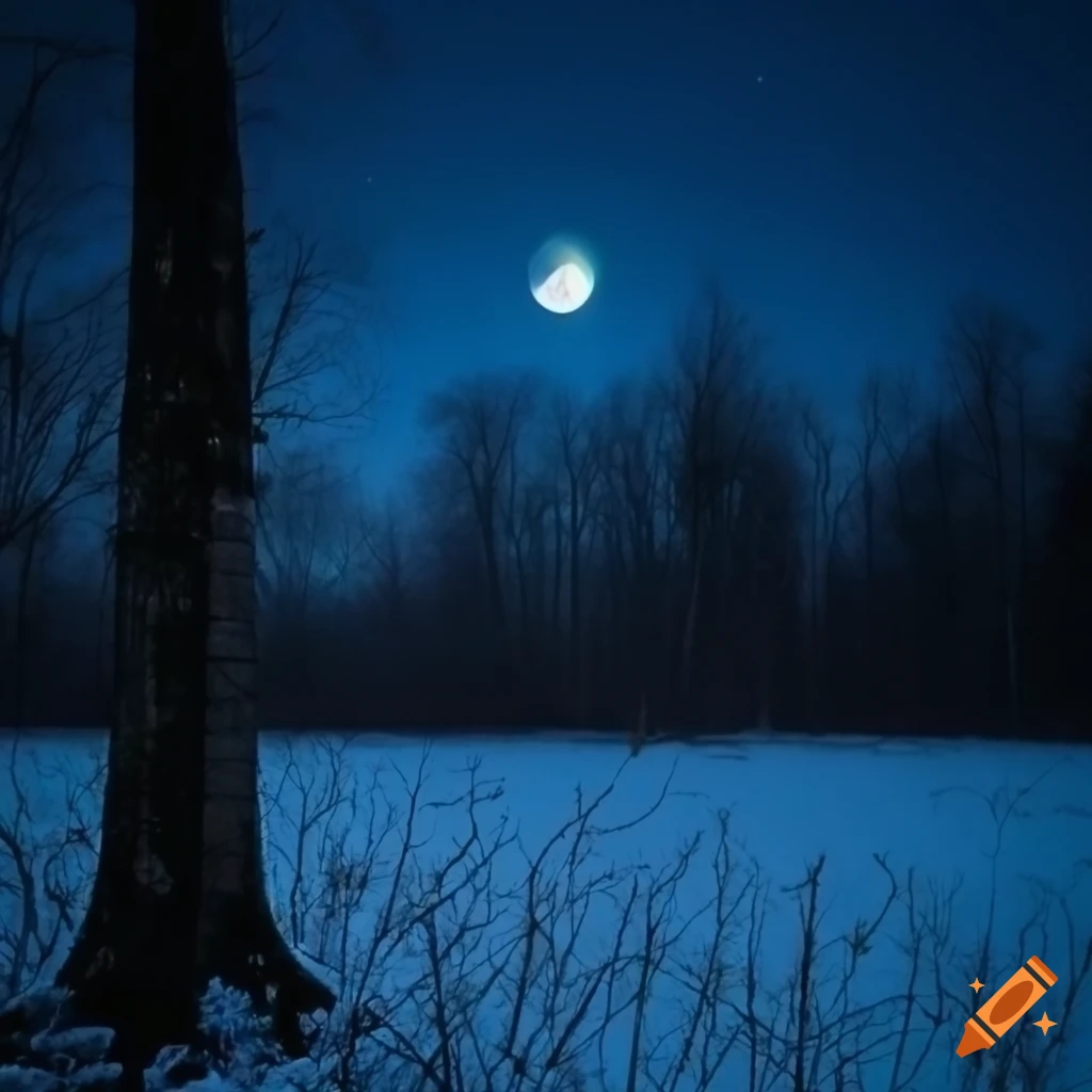 Photorealistic image of a forest meadow at night