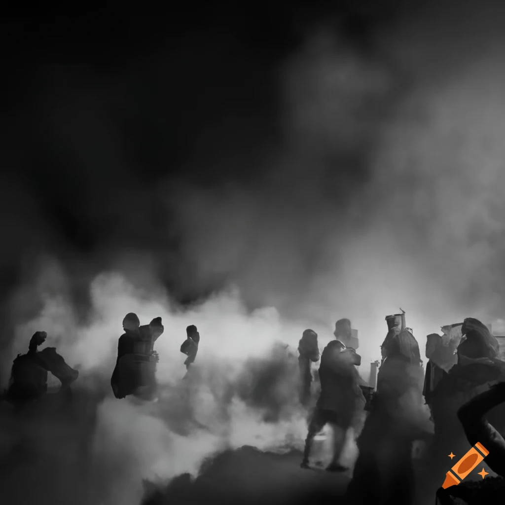 Black and white photo of a chaotic protest scene