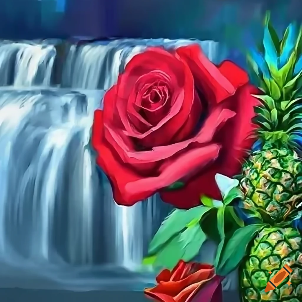 Smiling red rose near a waterfall under the sun
