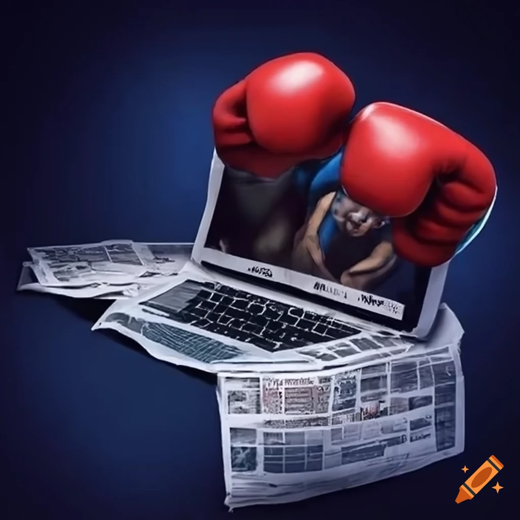 Humorous artwork of computer vs newspaper in a boxing match on Craiyon