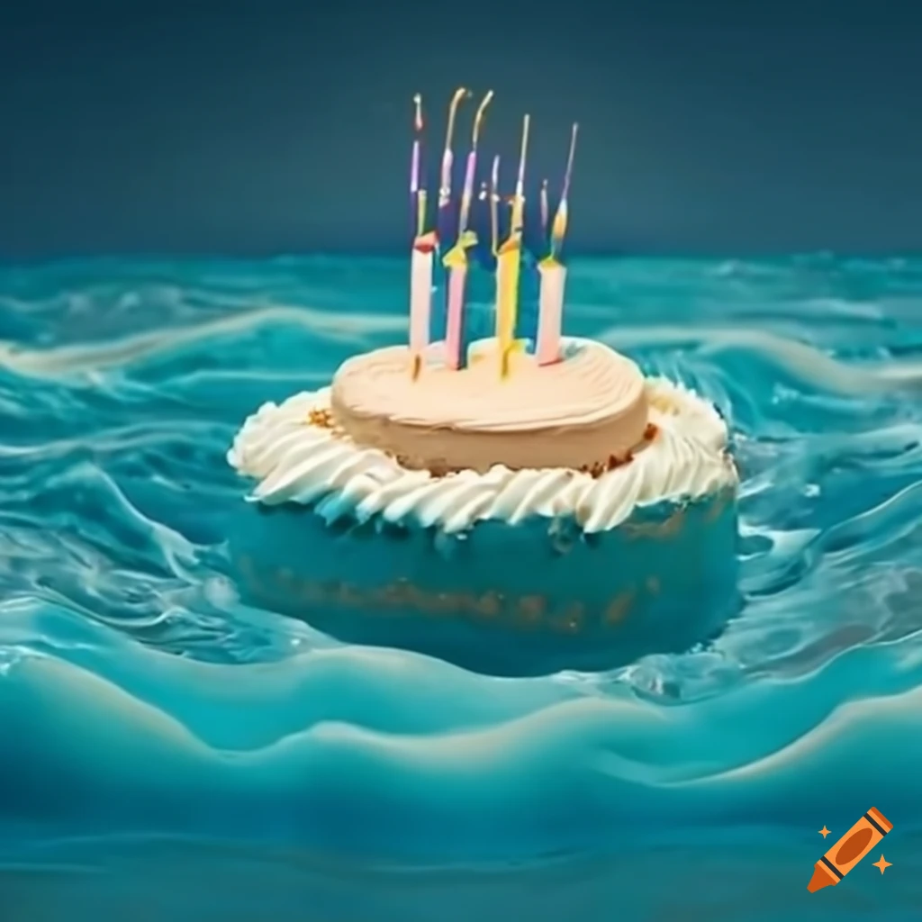 Birthday cake floating on ocean waves