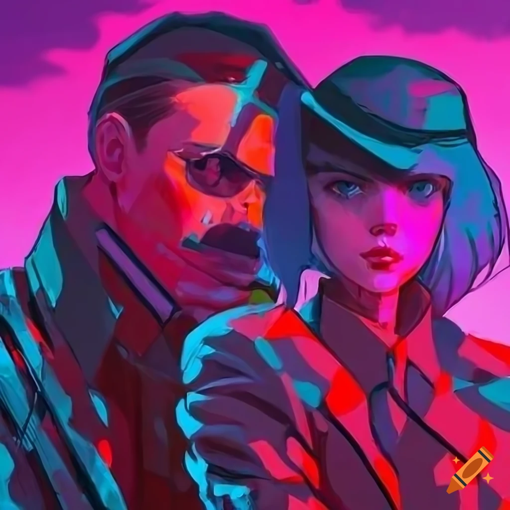Cyberpunk digital painting of two detectives with a motorcycle on Craiyon