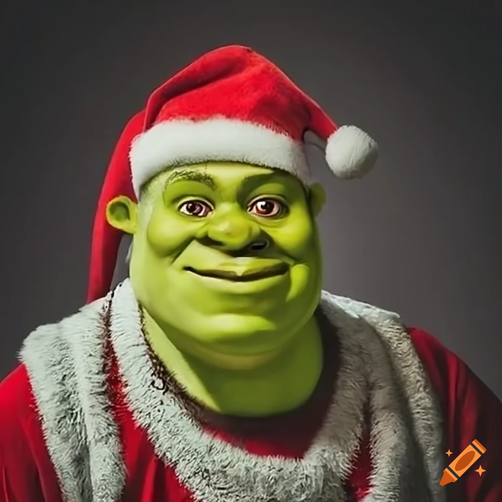 Shrek dressed as santa in a snowstorm on Craiyon