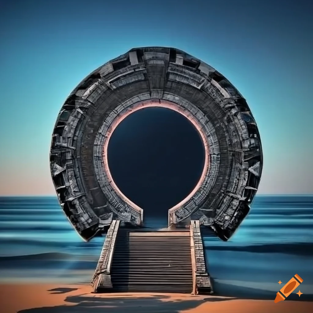 Black stargate on a sunny beach on Craiyon