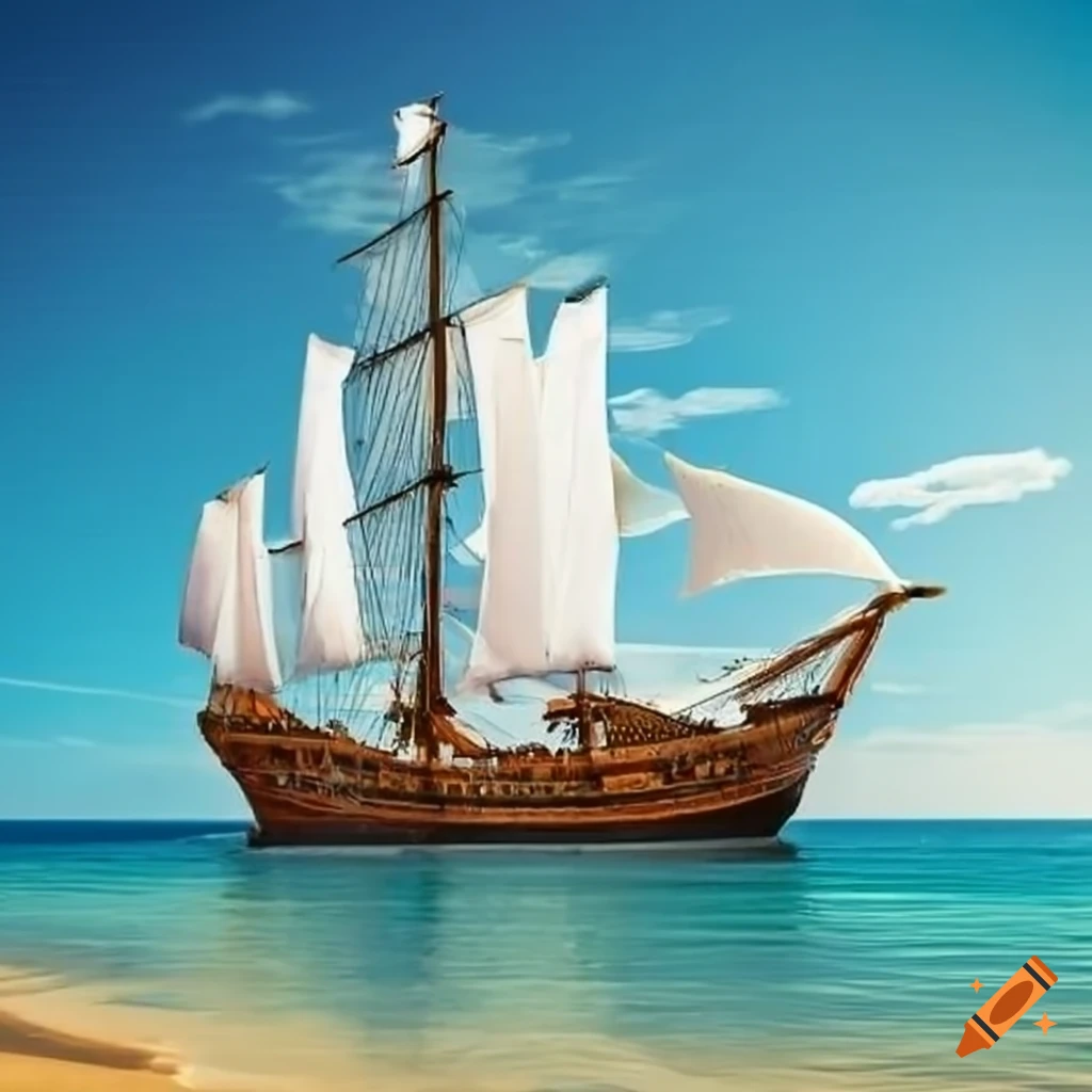 Sunny beach with a pirate ship on sparkling water on Craiyon