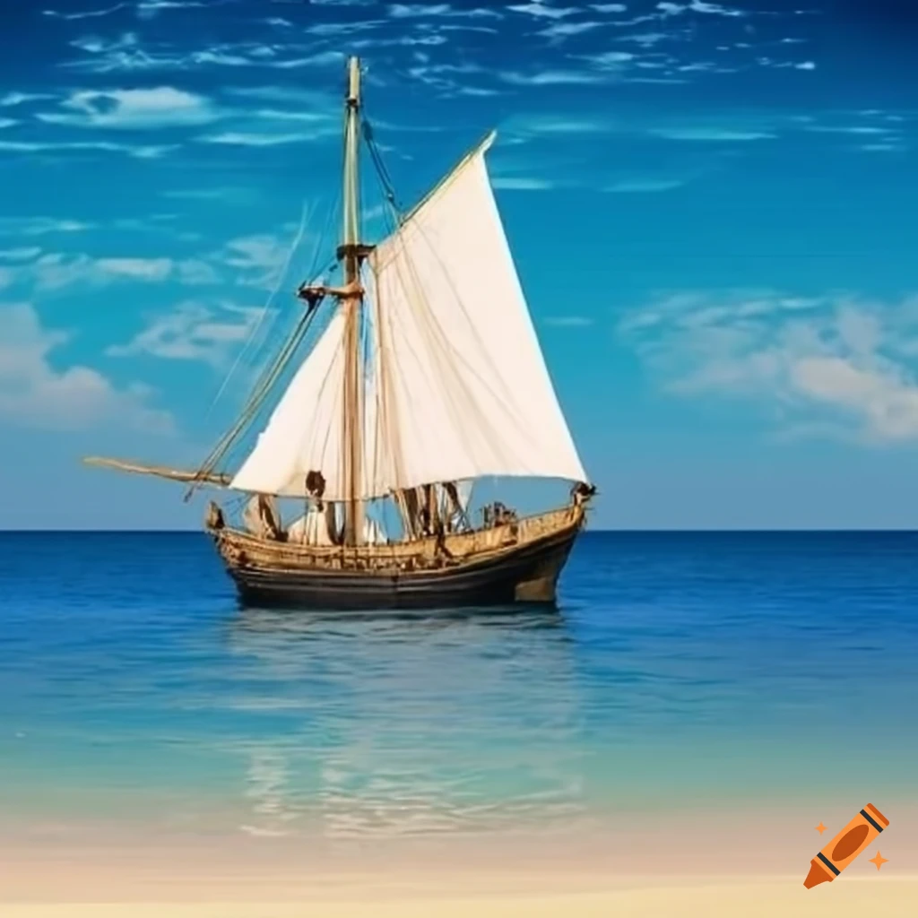 Sunny beach with a small pirate ship on Craiyon