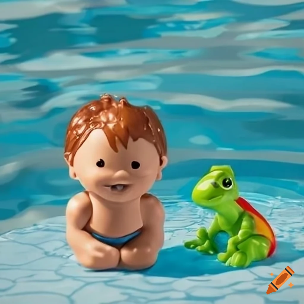 Fisher price little people playing in a pool with an iguana on Craiyon