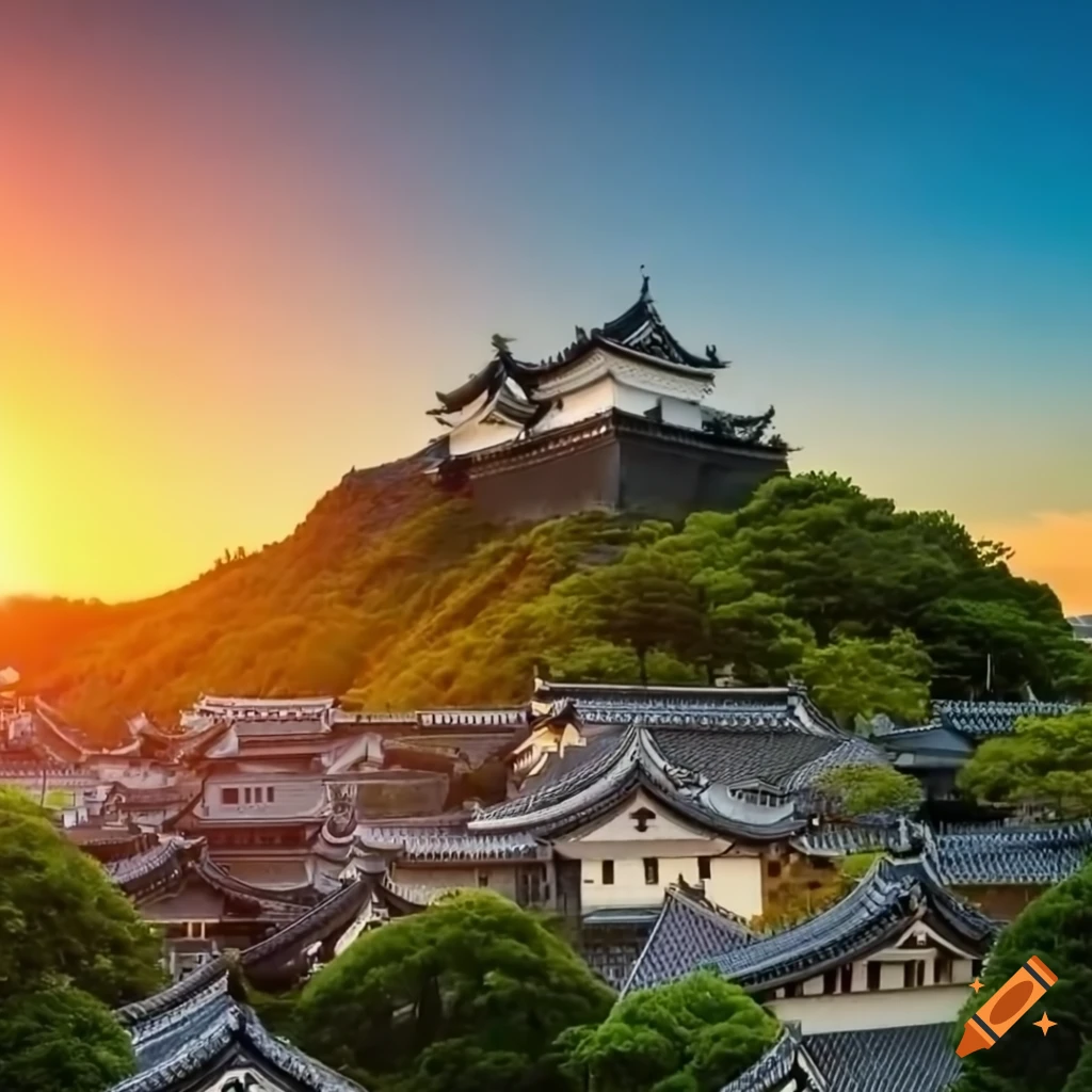 Sunset at a japanese castle city in a valley on Craiyon