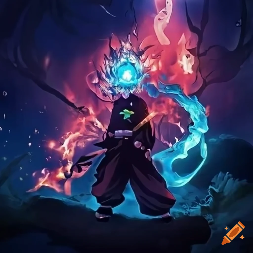 Poster of a demon slayer with elemental powers on Craiyon
