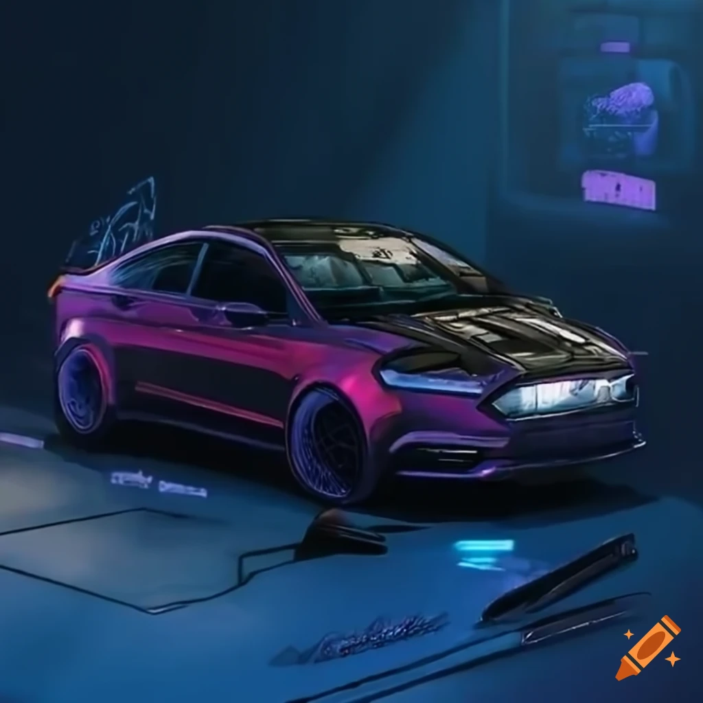 Cyberpunk style drawing of a gray ford fusion