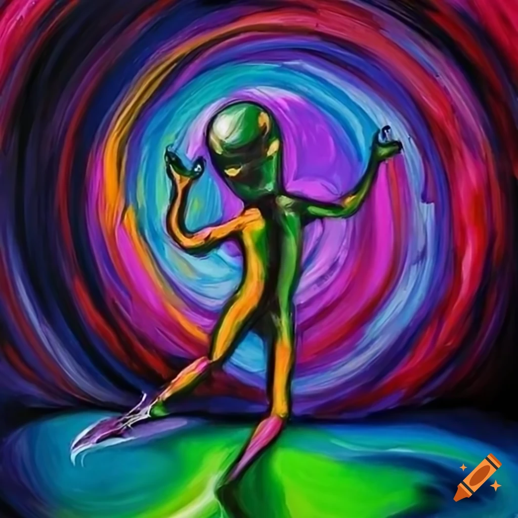Oil painting of aliens dancing around a disco ball