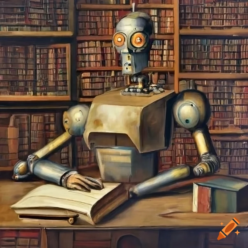 Oil painting of a robot reading in a grand library on Craiyon