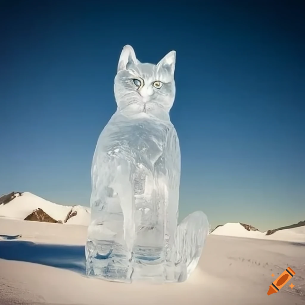 Ice cat sculpture with snowy mountains in the background on Craiyon