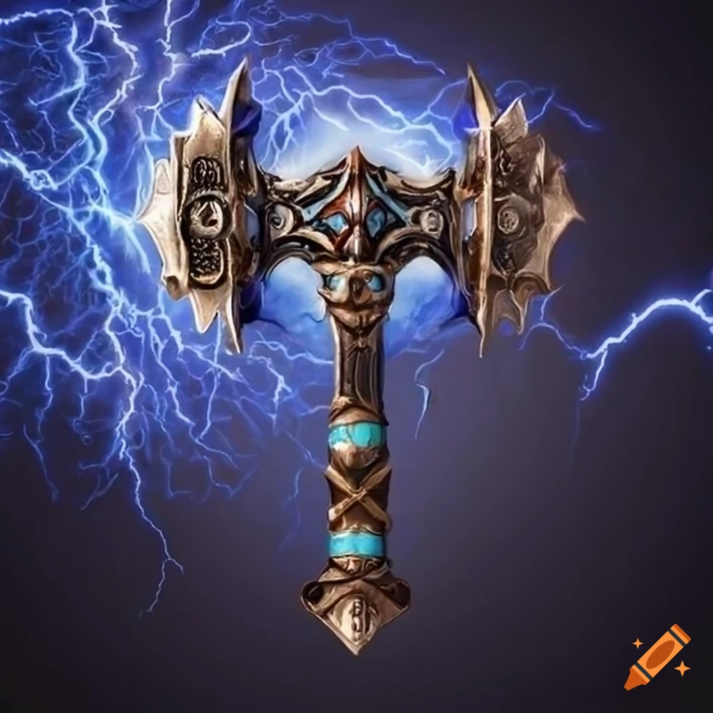 Divine war hammer with blue lightning on electric background on Craiyon