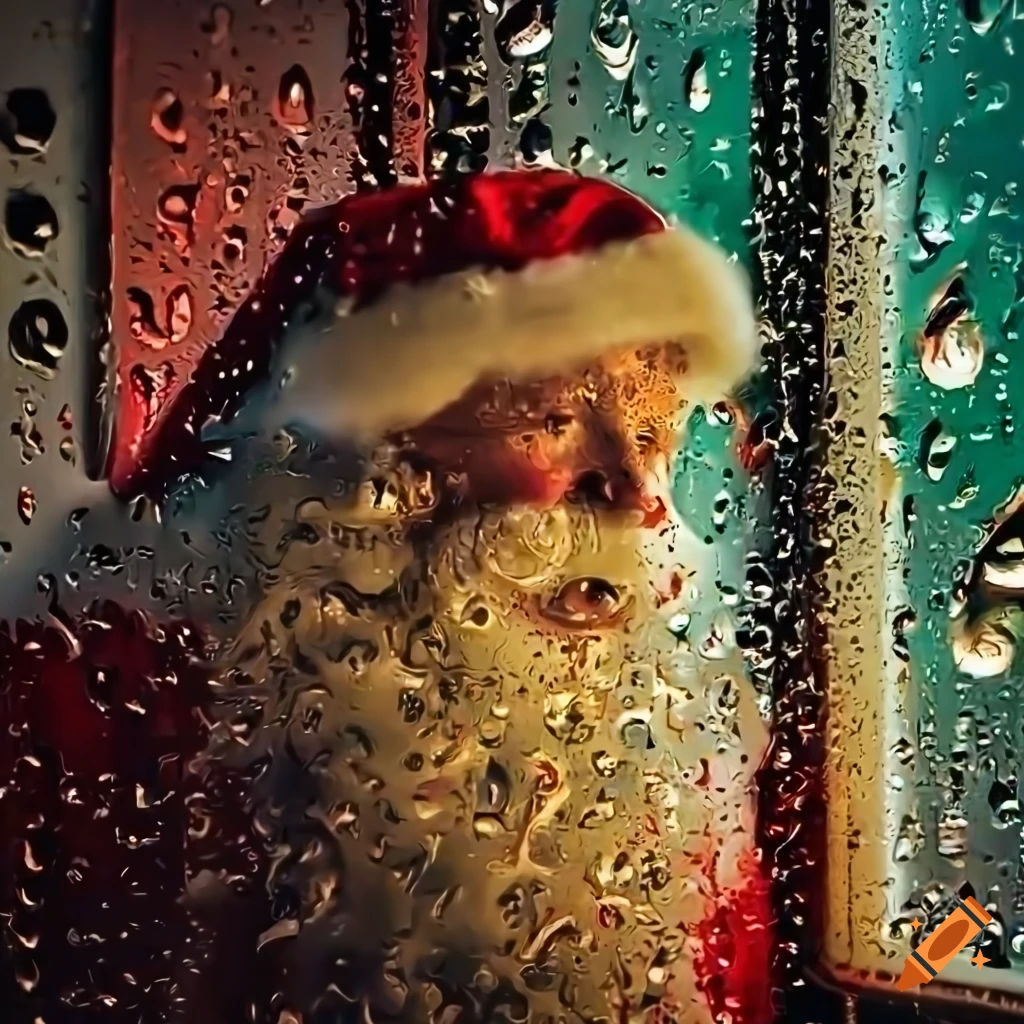 Santa claus looking through a rainy window