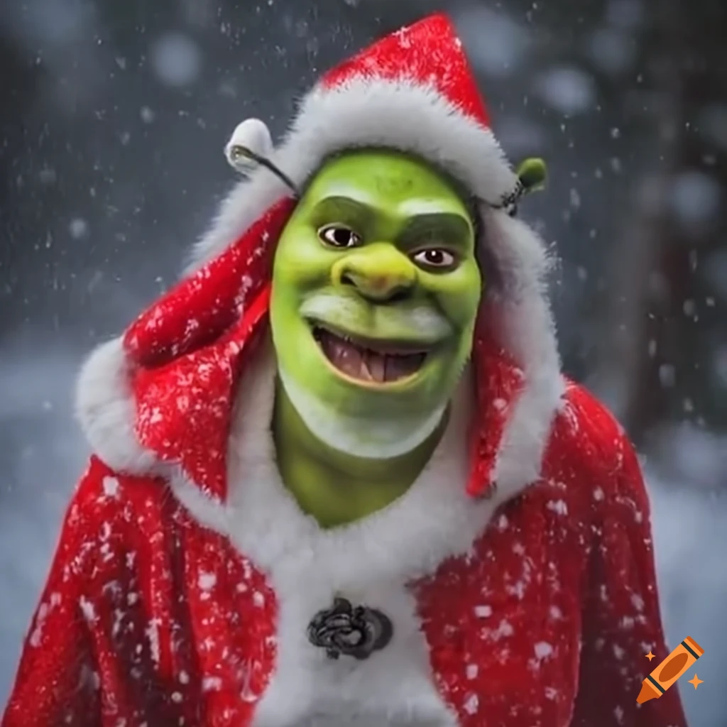 Shrek dressed as santa in a snowstorm