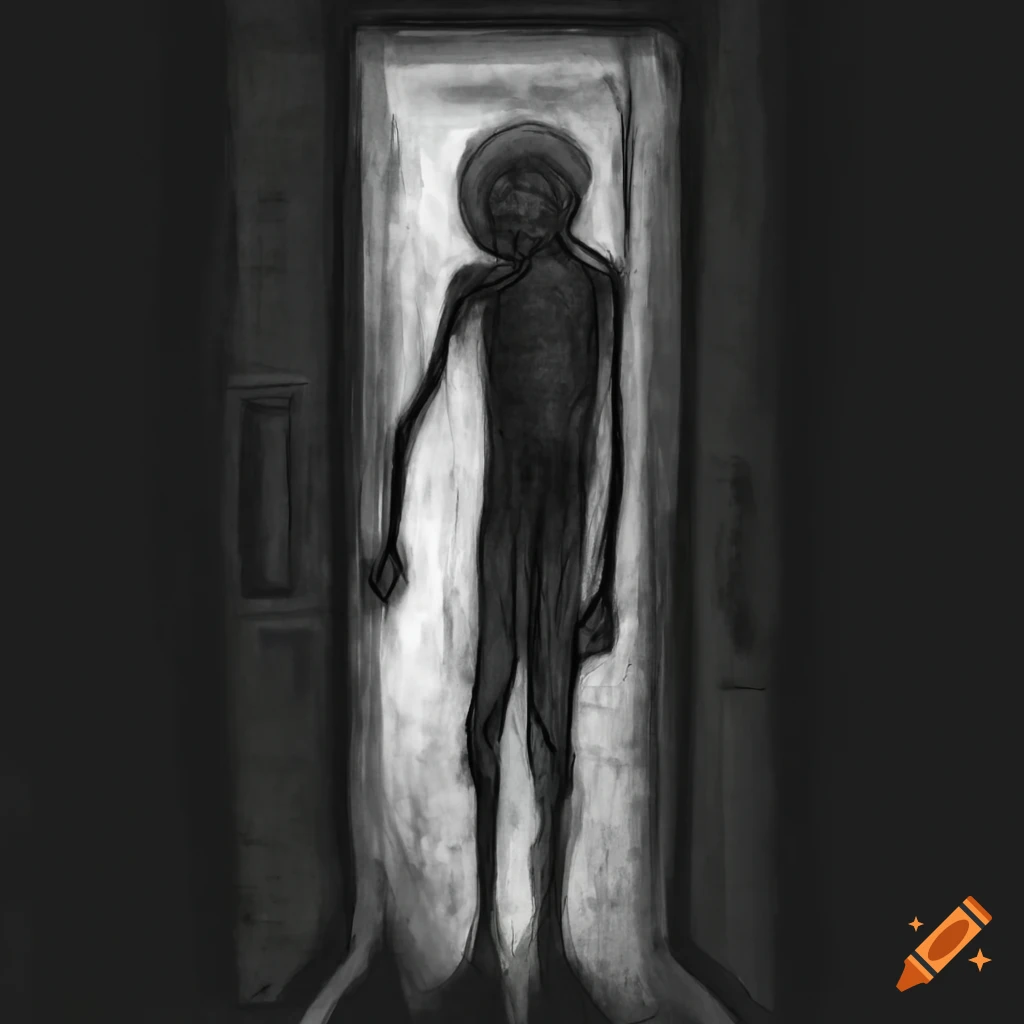 Creepy pencil drawing of a tall figure in a hallway on Craiyon