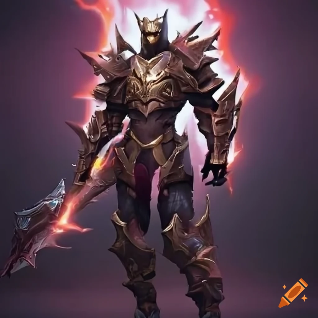 Image of a gigantic evil armored figure struck by lightning