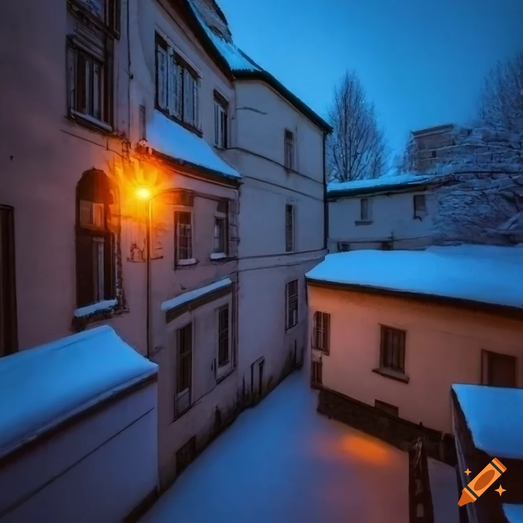View of snowy courtyard from a window at night