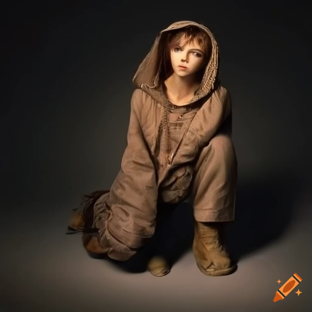 Stylish young woman in oversized hood crouching near rock on Craiyon