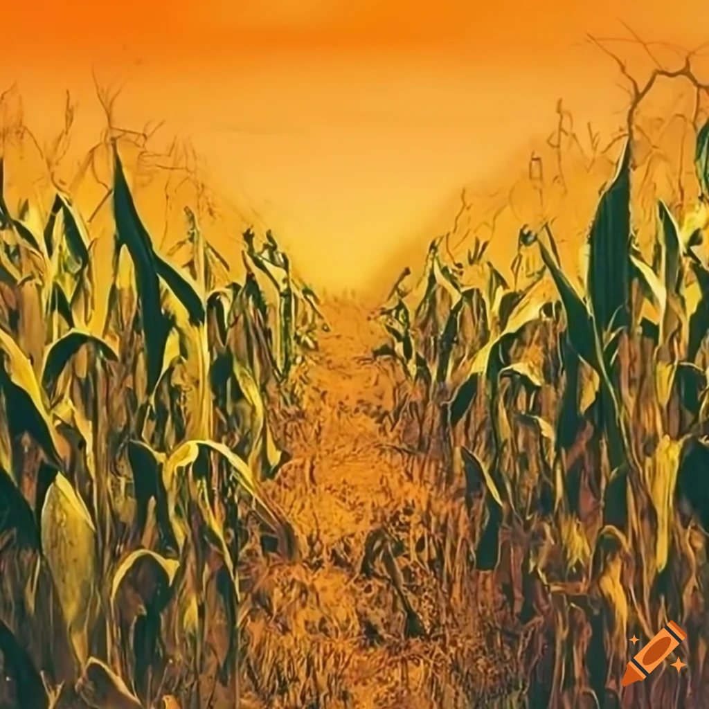 Steep hill with corn field, palm trees, and sunset on Craiyon