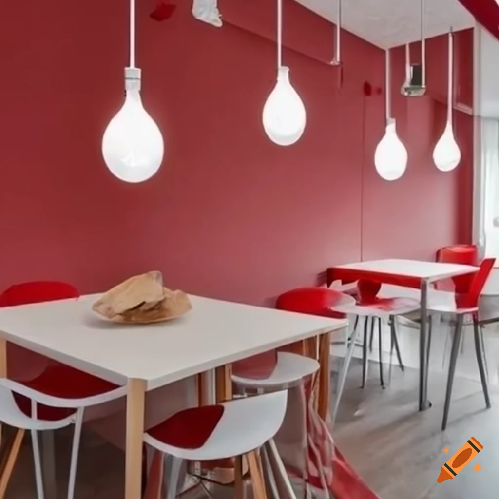 Café interior with red and white walls and vertical plants