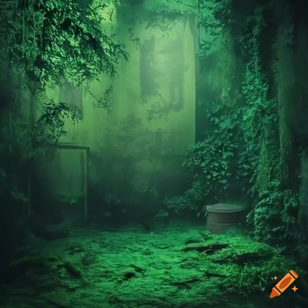 Green overgrown room with moss and mist on Craiyon