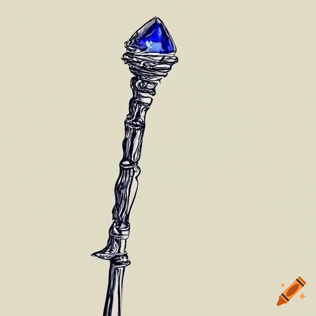 Black and white line drawing of a metal scepter with a sapphire on Craiyon