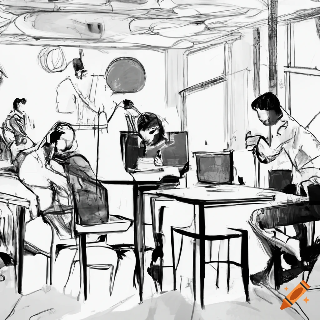 Black and white pencil drawing of a busy office space with employees on ...