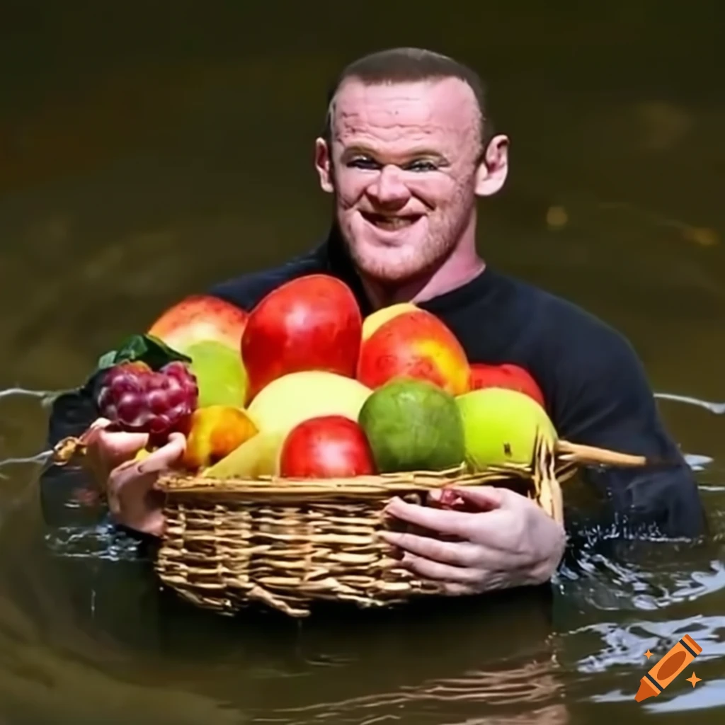 Photo of wayne rooney laughing in a river with a basket of fruit on Craiyon