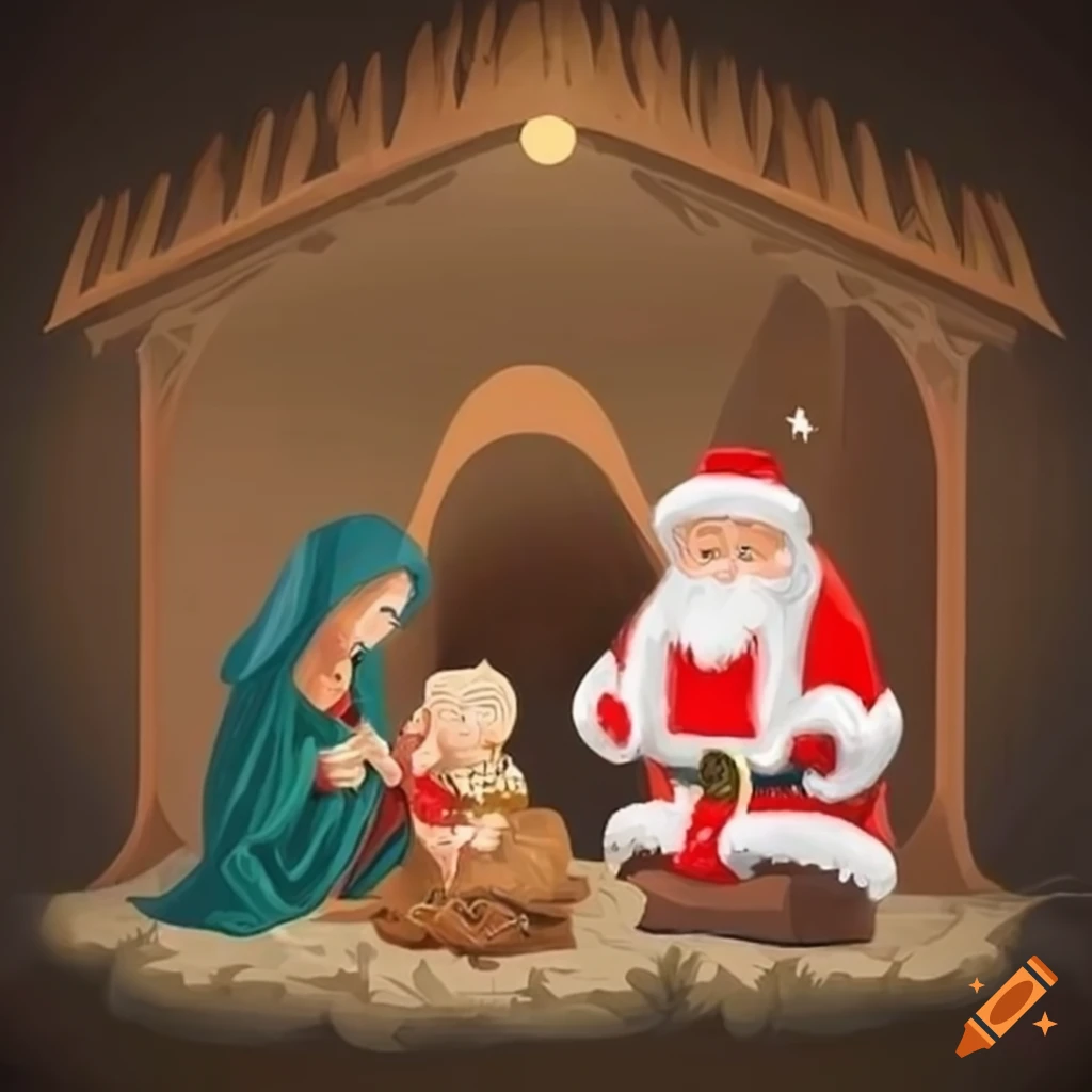 Artistic portrayal of jesus and santa in a manger scene