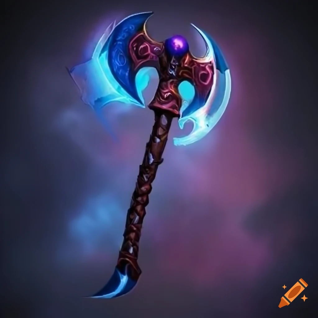 Image of a glowing purple battle axe in darkness on Craiyon