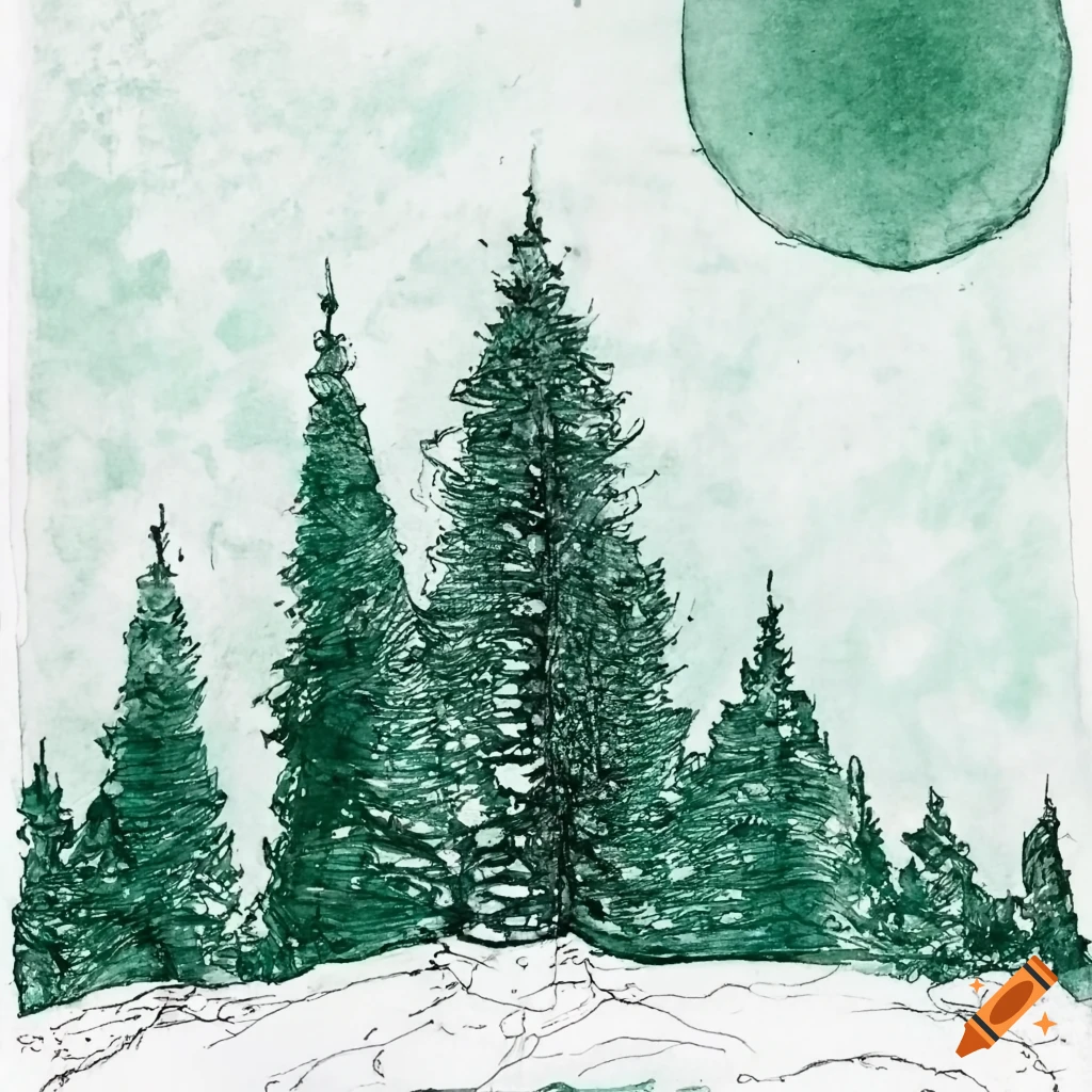 Dark green ink drawing of winter scene on Craiyon