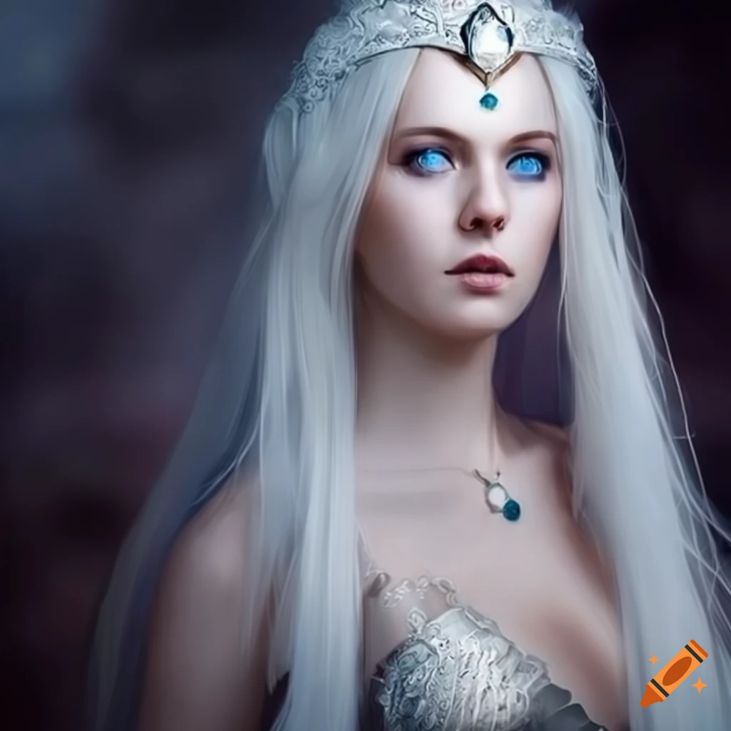 Image of a young queen with white hair and blue eyes