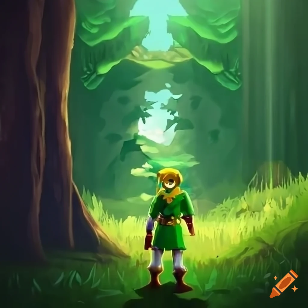 Link looking up at the deku tree in korok forest on Craiyon