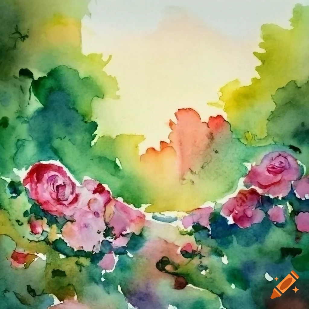 Watercolor of a beautiful rose garden