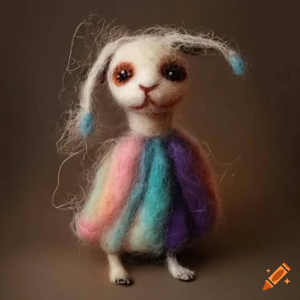 Wool art featuring felted dream creatures in outfits on Craiyon