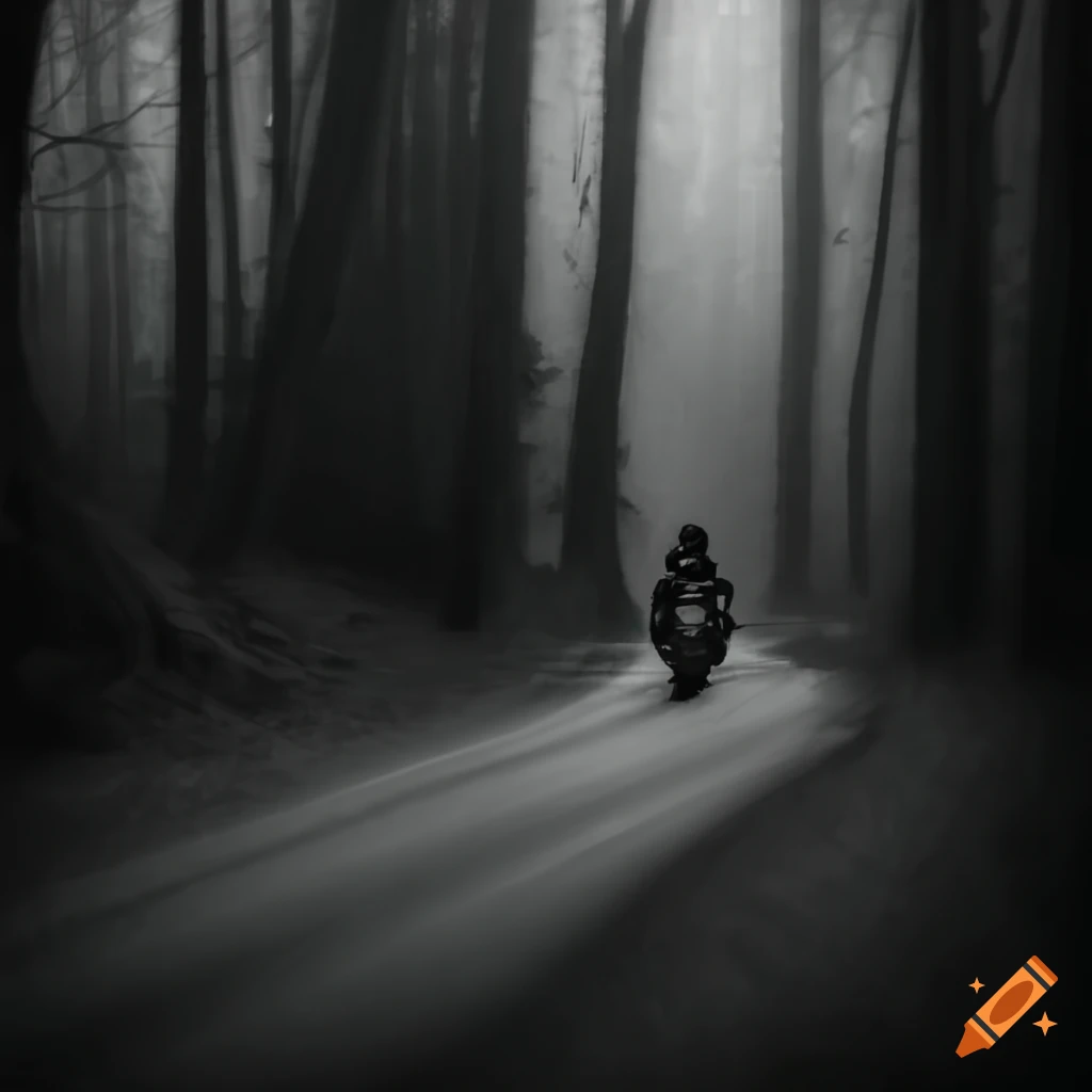 Illustration of a motorcycle riding through a dark forest