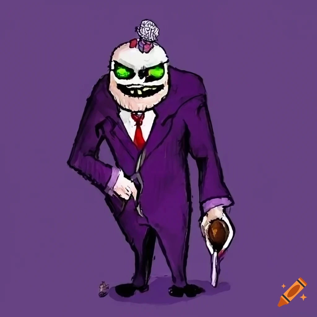 Cartoon illustration of a buff monster in a purple suit with a muffin ...