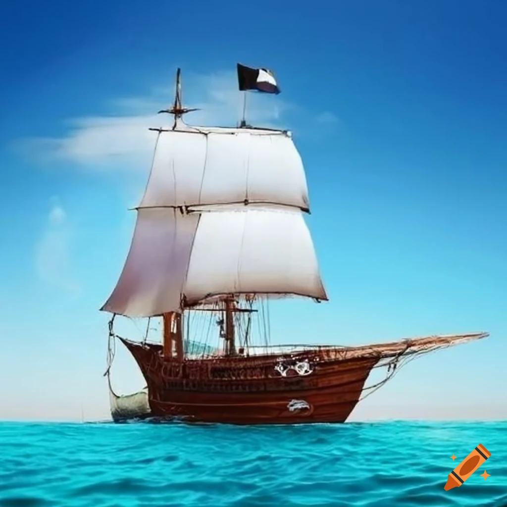 Profile of a white-sailed pirate ship on a sunny beach