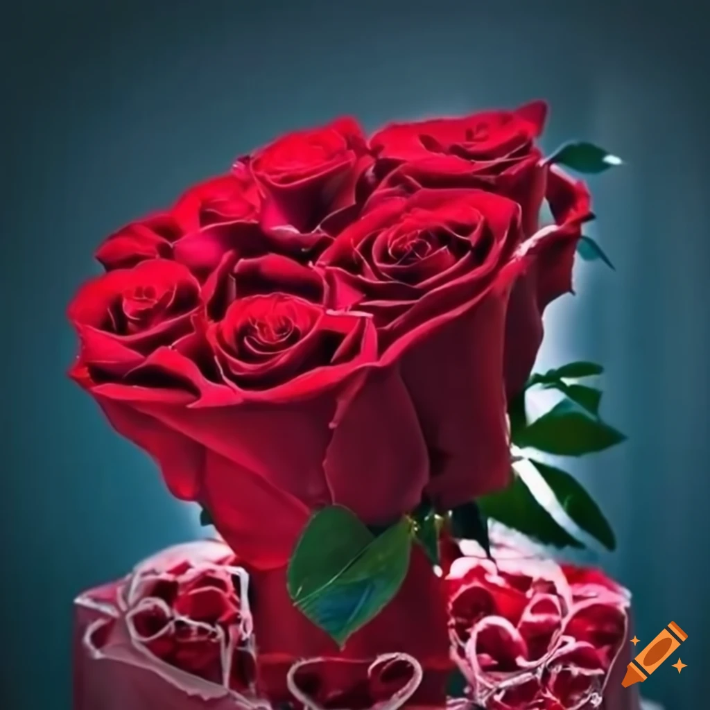 Display of red roses with heart decor