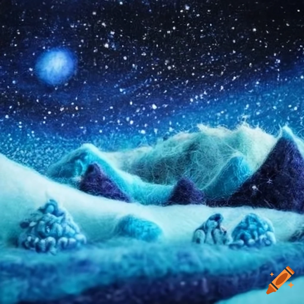 Colorful felted wool woodland ecosystem against a starry landscape on ...