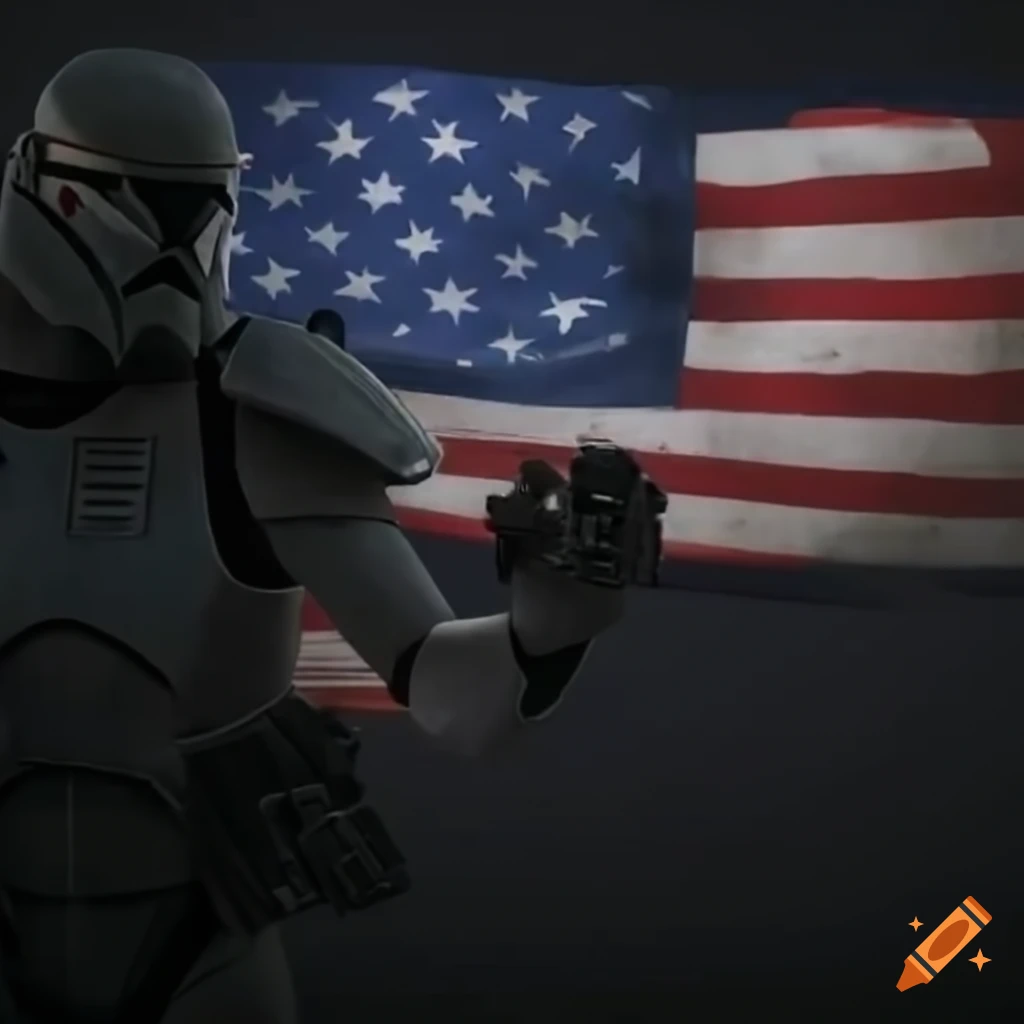Detailed image of a star wars clone trooper with an american flag