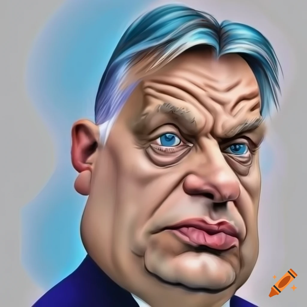 Caricature of Viktor Orban with blue and white background on Craiyon