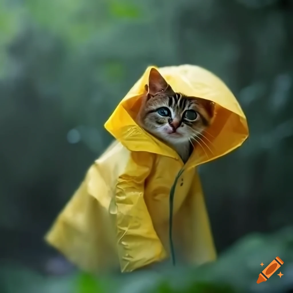 Photograph of a kitten in a yellow raincoat in the jungle on Craiyon