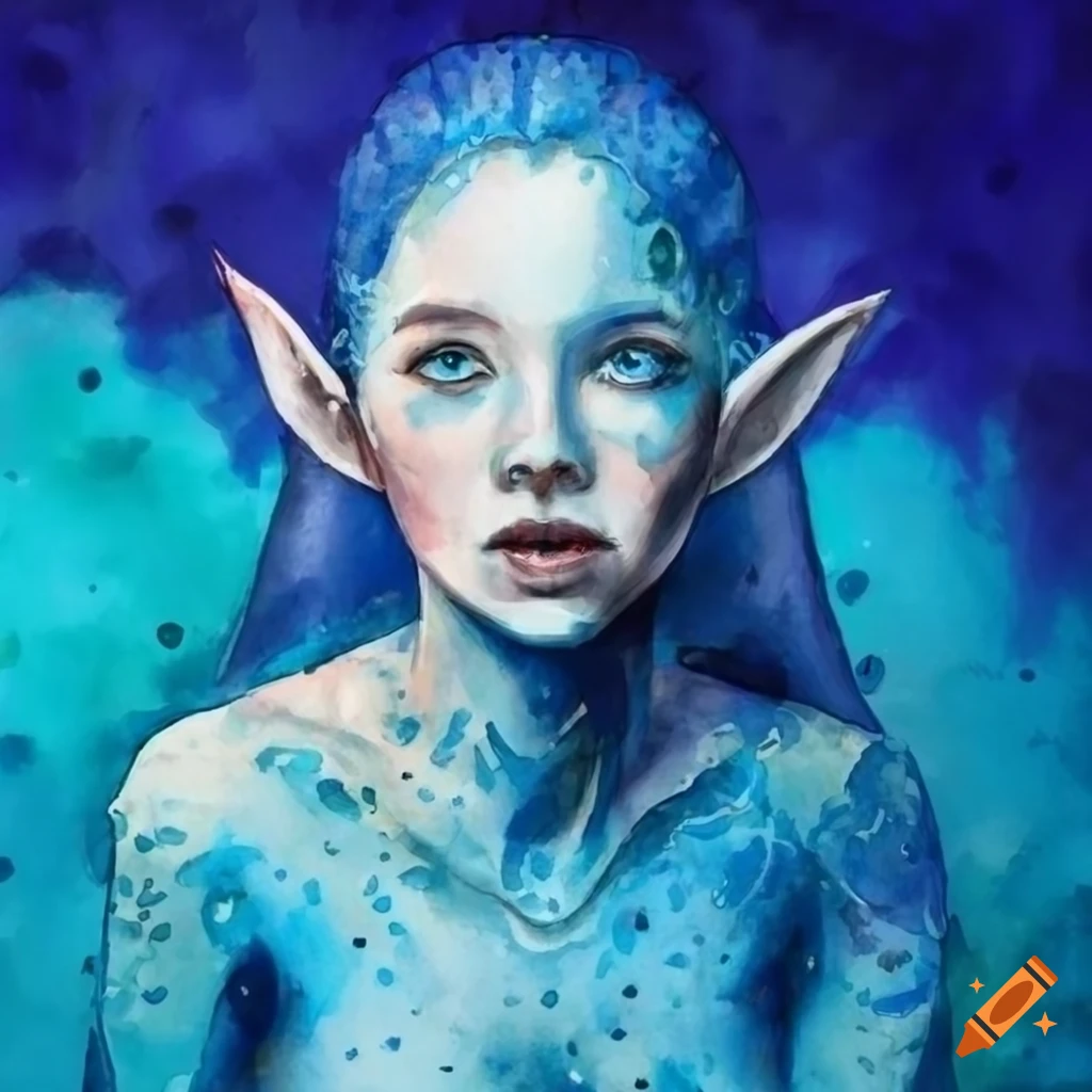 Watercolor painting of a fantasy elf with a shark