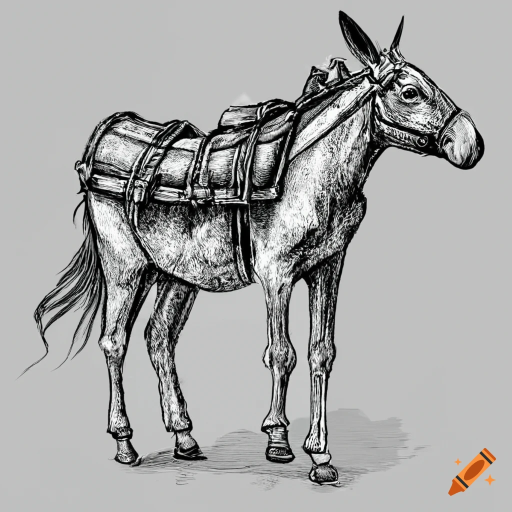 Detailed illustration of a pack mule with saddlebags
