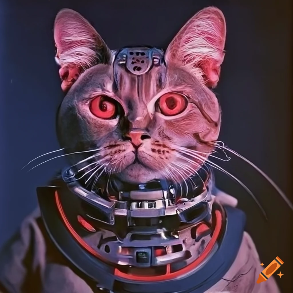 Hyperrealistic photograph of a cyborg cat with glowing red eyes on Craiyon