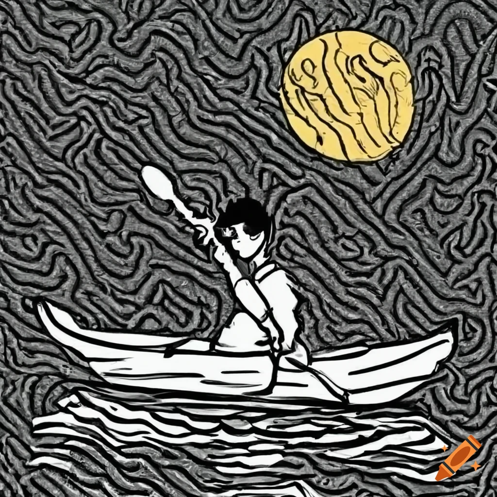 Black and white drawing of a man canoeing at sunset on Craiyon