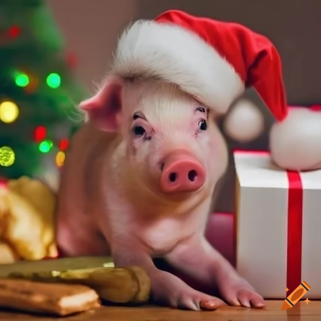 Christmas piglet next to a decorated tree and presents on Craiyon